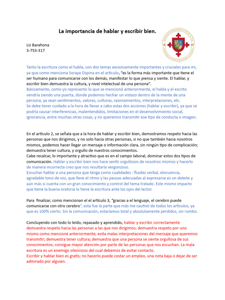 La importancia de hablar y escribir bien | PDF | Comunicación | Cognición