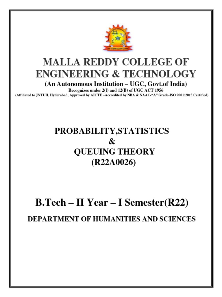 Probability, Statistics & Queueing Theory (R22a0026) | PDF | Probability Distribution | Random ...