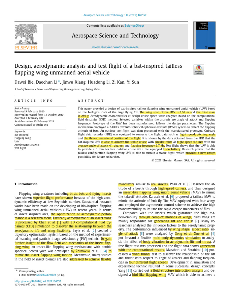 2021 Design Aerodynamic Analysis And Test Flight Of A Bat Inspired Tailless Flapping Wing 