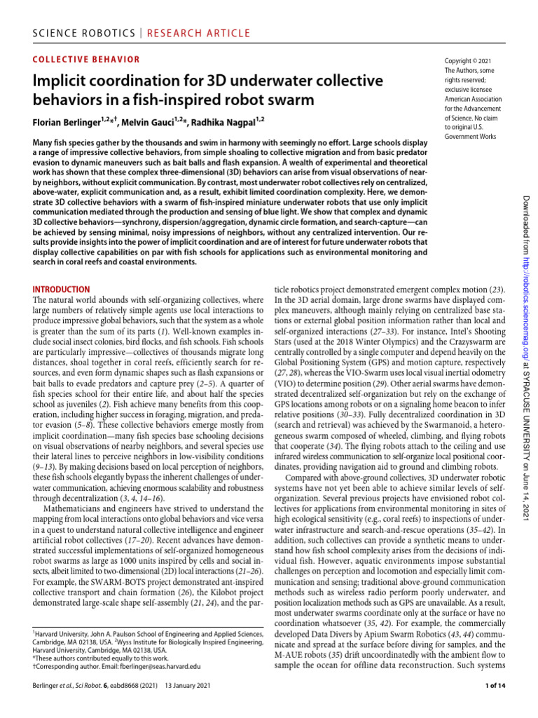 2021 Implicit Coordination For 3D Underwater Collective Behaviors in A Fish-Inspired Robot Swarm ...