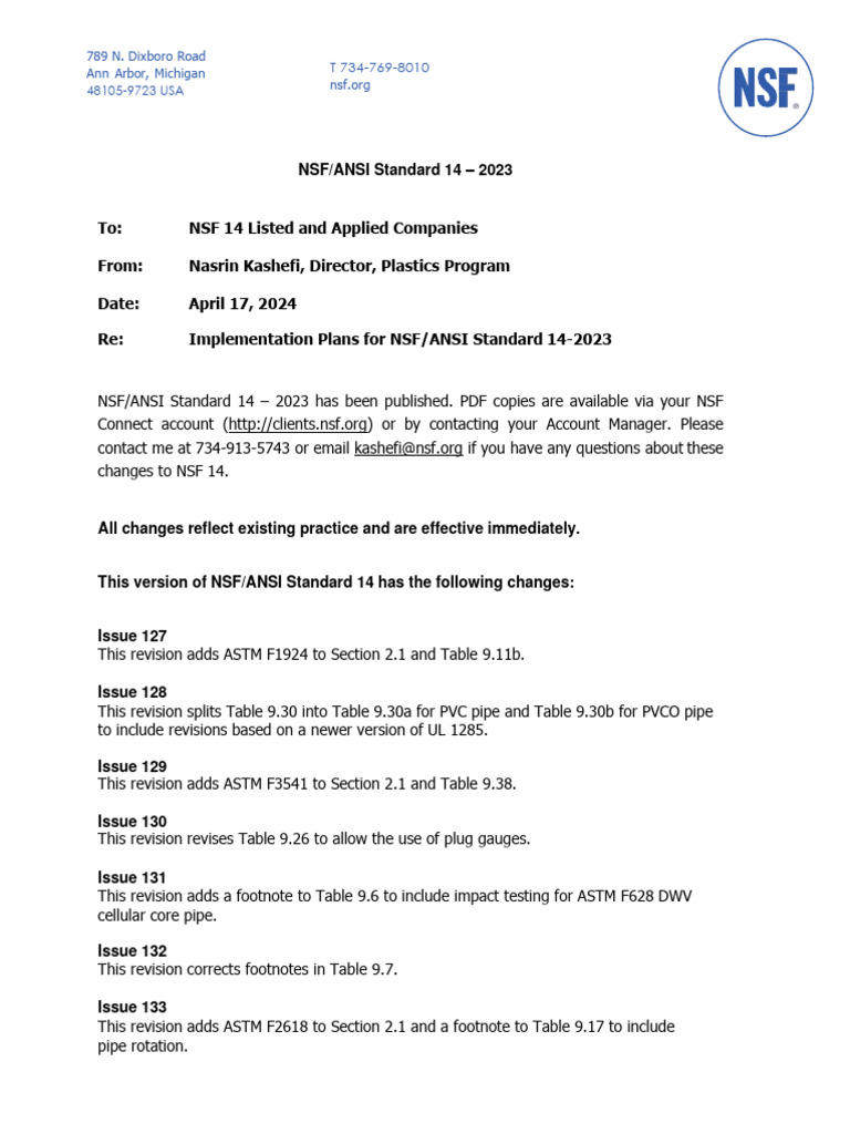 NSF/ANSI 14-2023 Updates | PDF