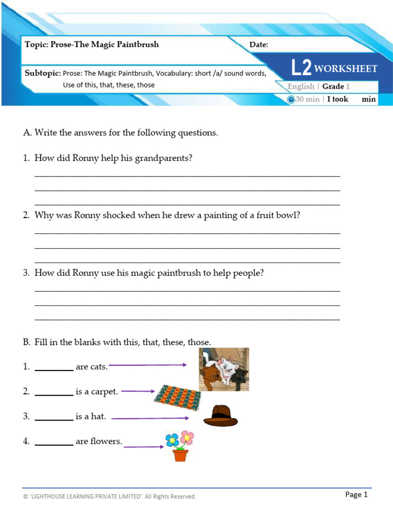Grade 1 English Worksheet: Magic Paintbrush | PDF