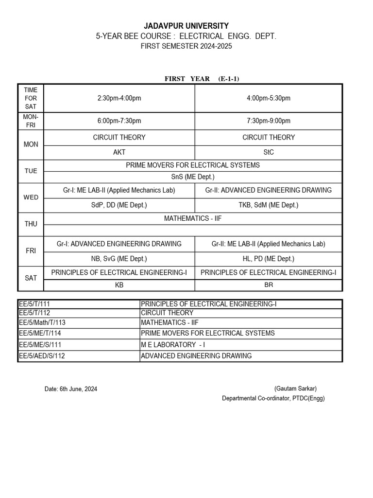 Routine - 1st Sem - 2024-2025-1 | PDF | Engineering | Computer Engineering