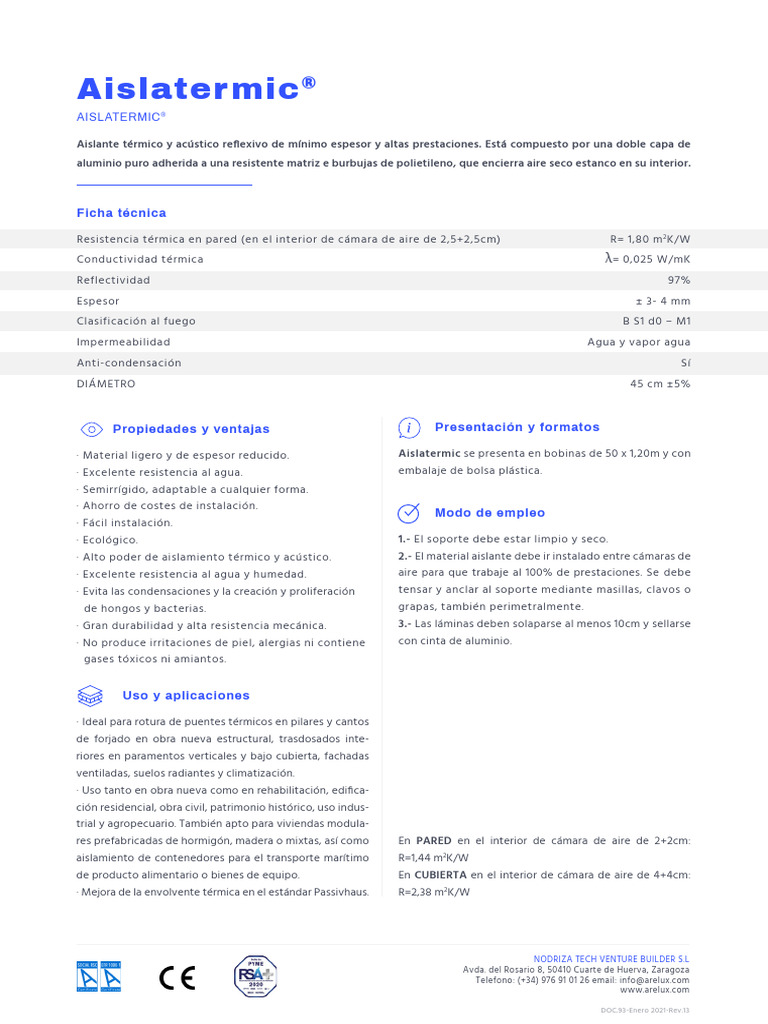 Ficha Técnica Aislante Térmico Reflexivo 3 Capas Aislatermic | PDF | Aislamiento térmico ...