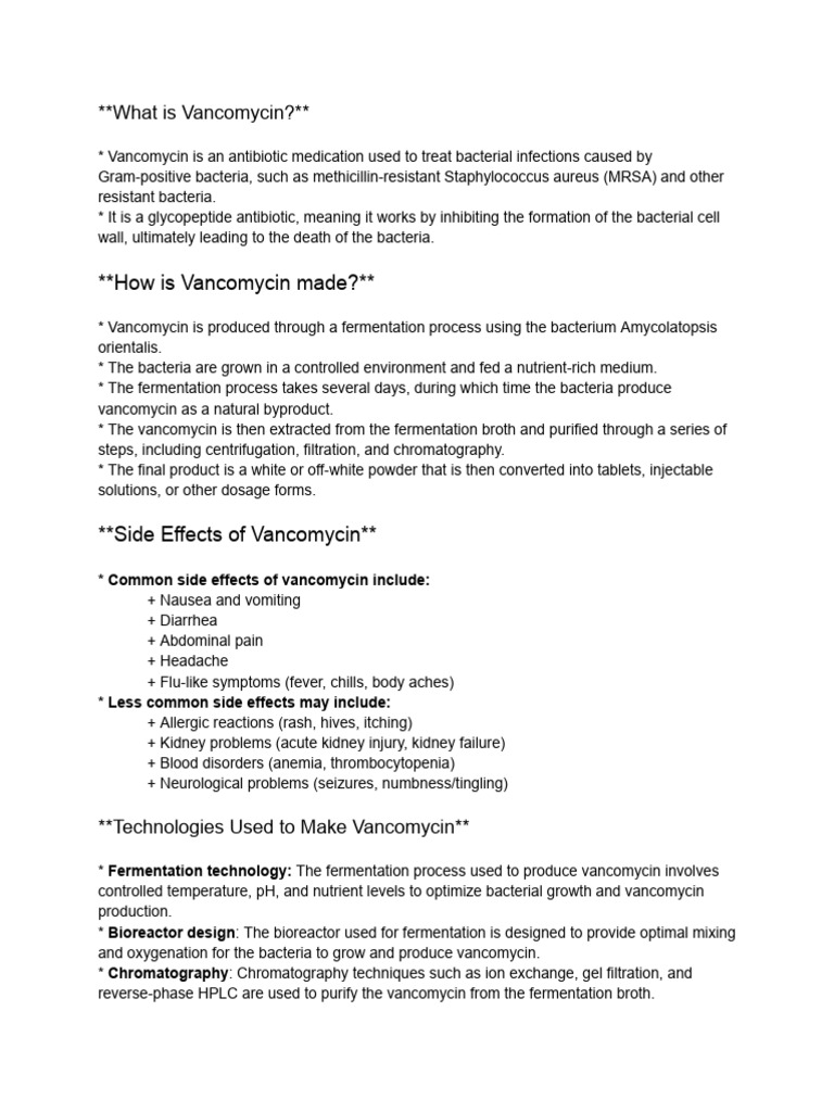 Vancomycin Production and Side Effects | PDF