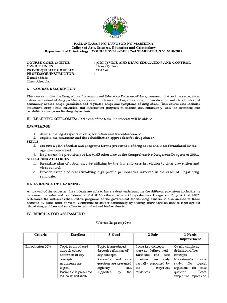 CDI 7: Vice and Drug Education Syllabus | PDF | Drugs | Drug Rehabilitation