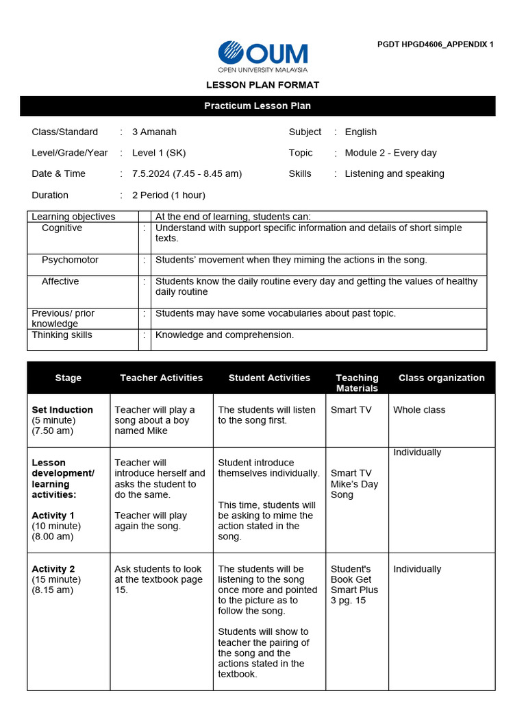 Lesson Plan English Year 3 | PDF | Lesson Plan | Reading Comprehension