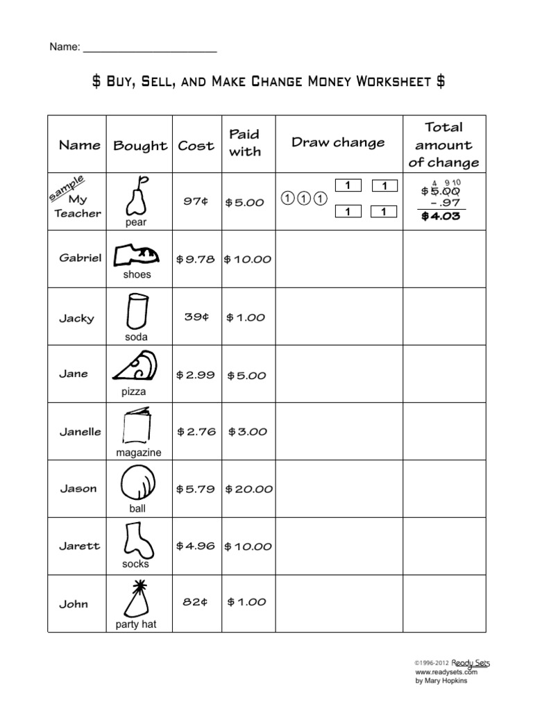 $ Buy, Sell, and Make Change Money Worksheet $: Name Bought Cost Paid ...