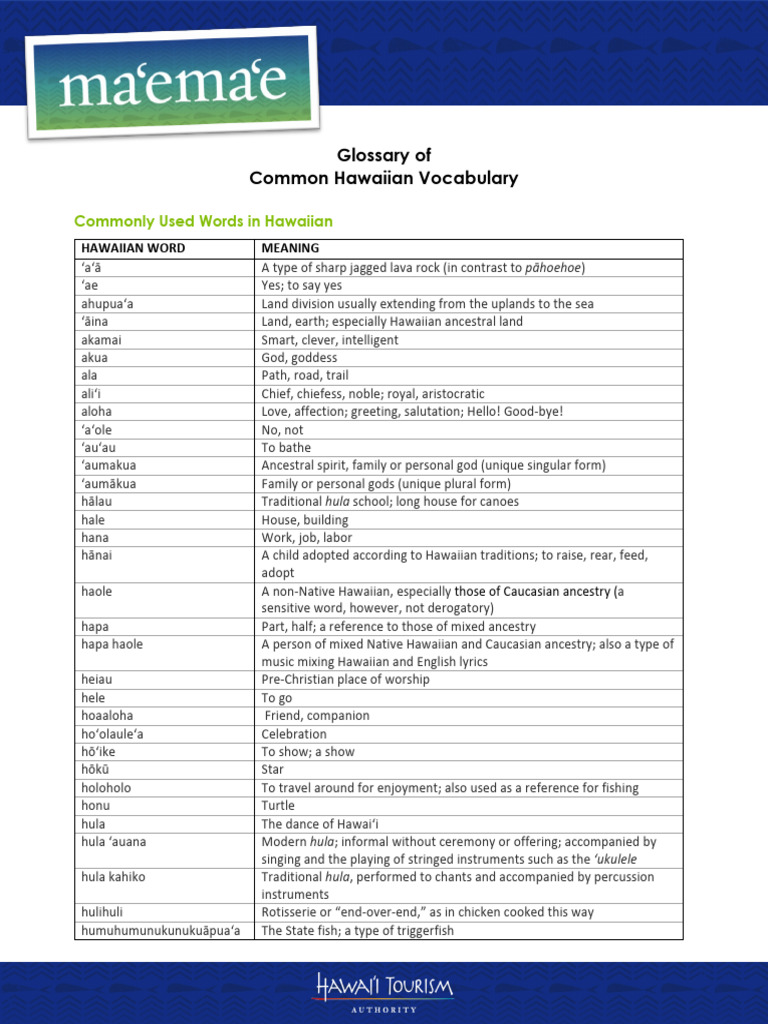 Hawaiian Vocabulary Glossary | PDF | Hawaii
