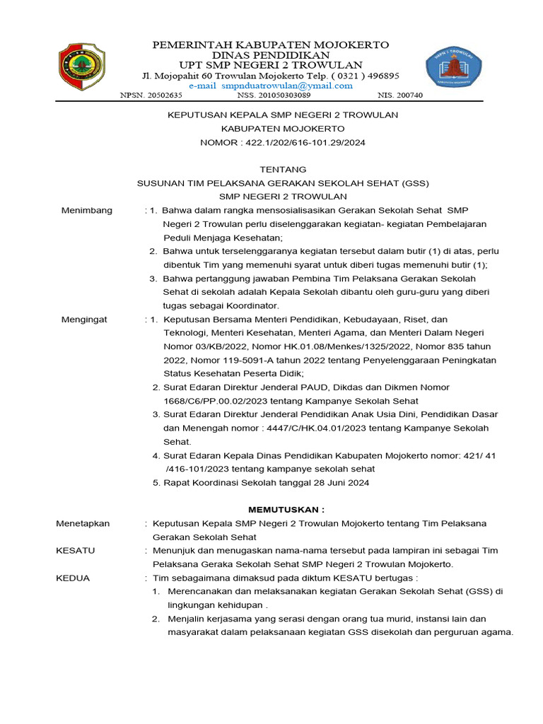 SK - Susunan Tim Pelaksana Gerakan Sekolah Sehat (GSS) | PDF | Kesehatan Holistik