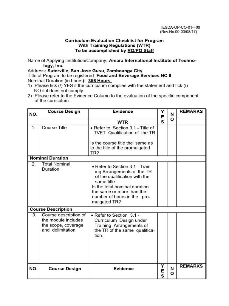 TESDA OP CO 01 F09 (Curriculum Checklist) | PDF | Curriculum | Behavior ...