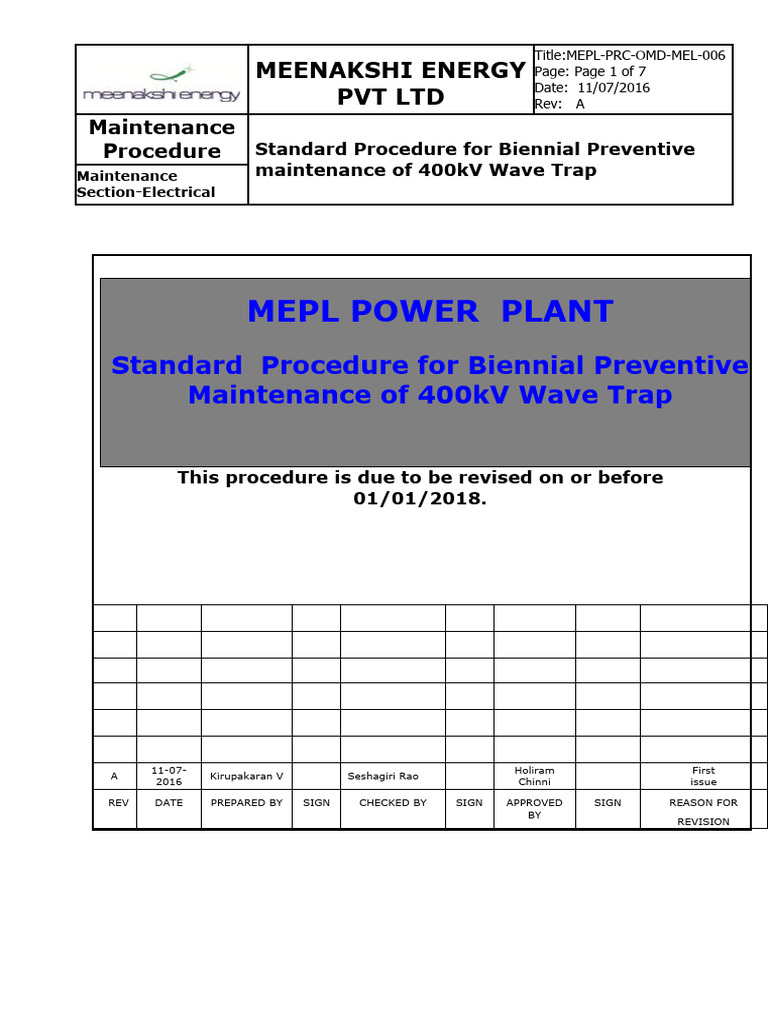 Standard Procedure For BIENNIAL PM of 400kV Wave Trap | PDF | Insulator (Electricity ...