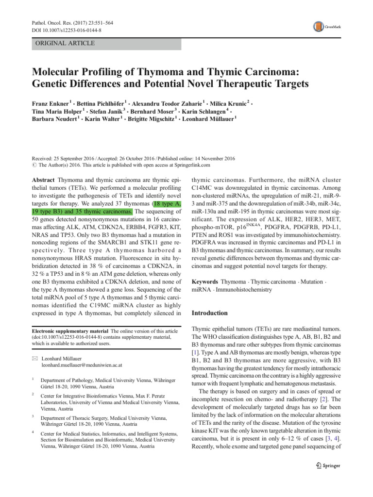 2017 Molecular Profile Thymoma | PDF | Thymus | Dna Sequencing