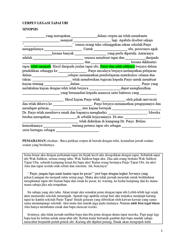 Cerpen Legasi Tapai Ubi 2024 PDF | PDF