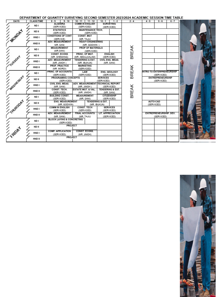 Time Table For Second Semseter 2023-2024 Session-1 | PDF | Engineering | Physical Sciences