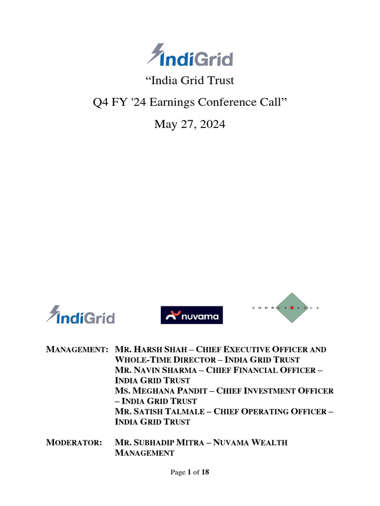 India Grid Trust - Q4 FY24 - Earnings Call Transcript | PDF | Debt ...