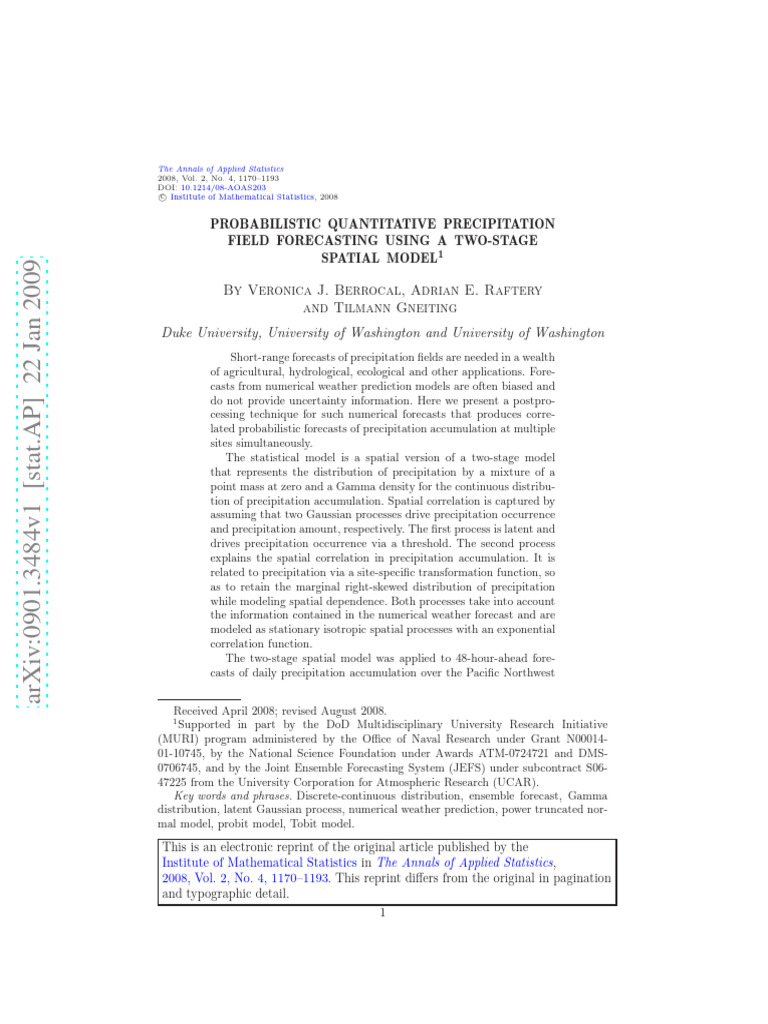 Berrocal (2008) - Probabilistic Quantitative Precipitation Field Forecasting Using A 2-Stage ...