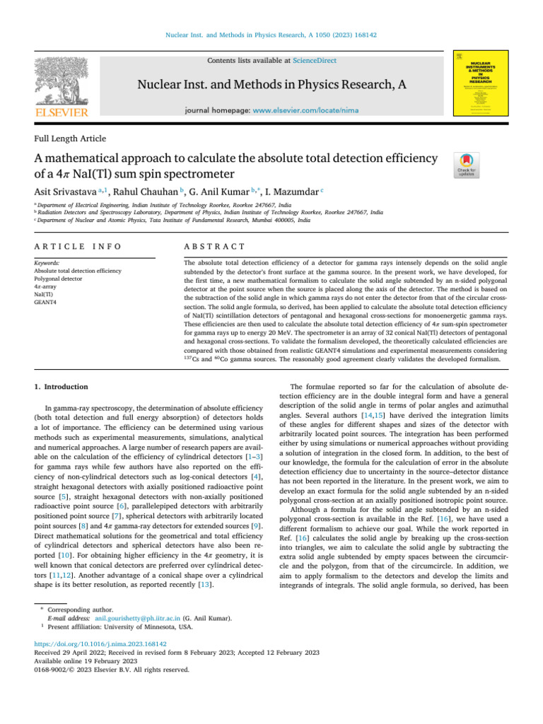A Mathematical Approach To Calculate The Absolute Total Detection Efficiency | PDF | Physical ...