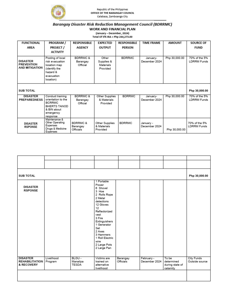 Barangay Disaster Risk Reduction Management Council (BDRRMC) | PDF ...
