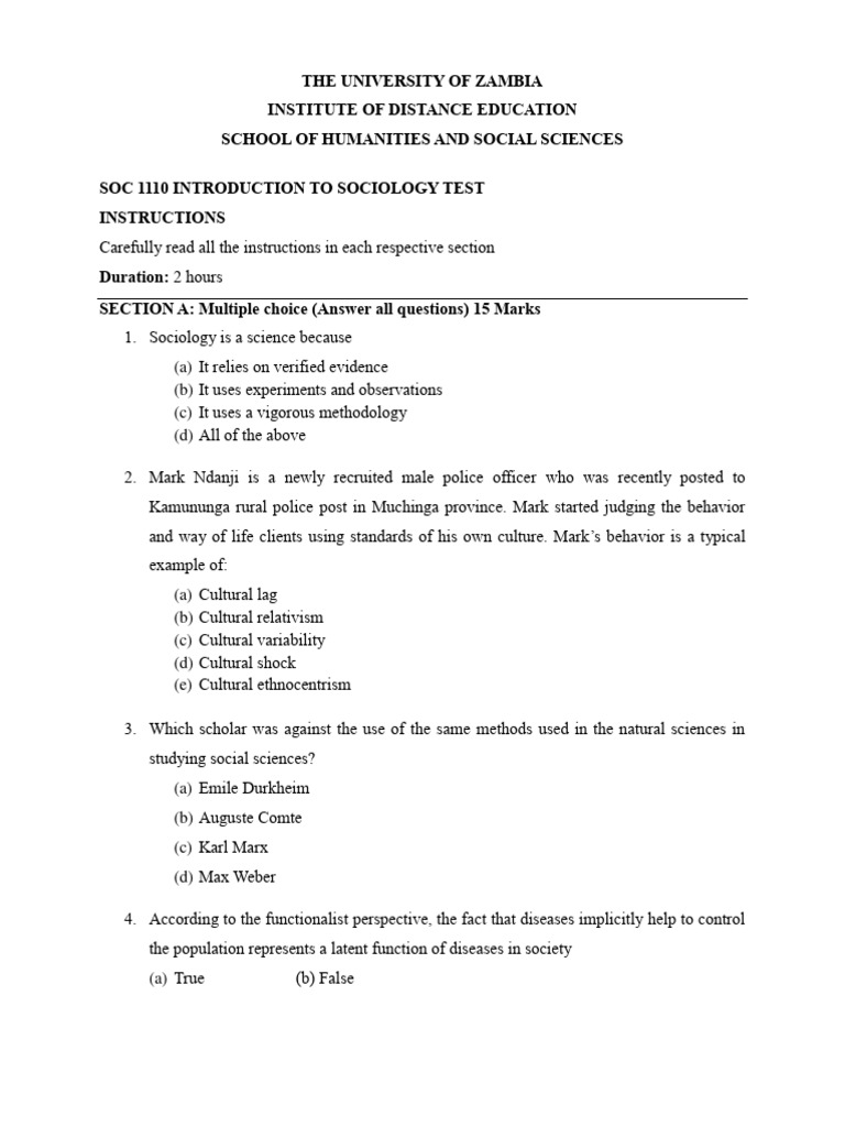 SOC 1110 IDE Past Test Question Paper 2023a | PDF | Sociology ...
