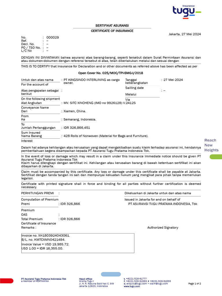 Certificate of Insurance - 01240000005424 - 000029 | PDF | Insurance ...