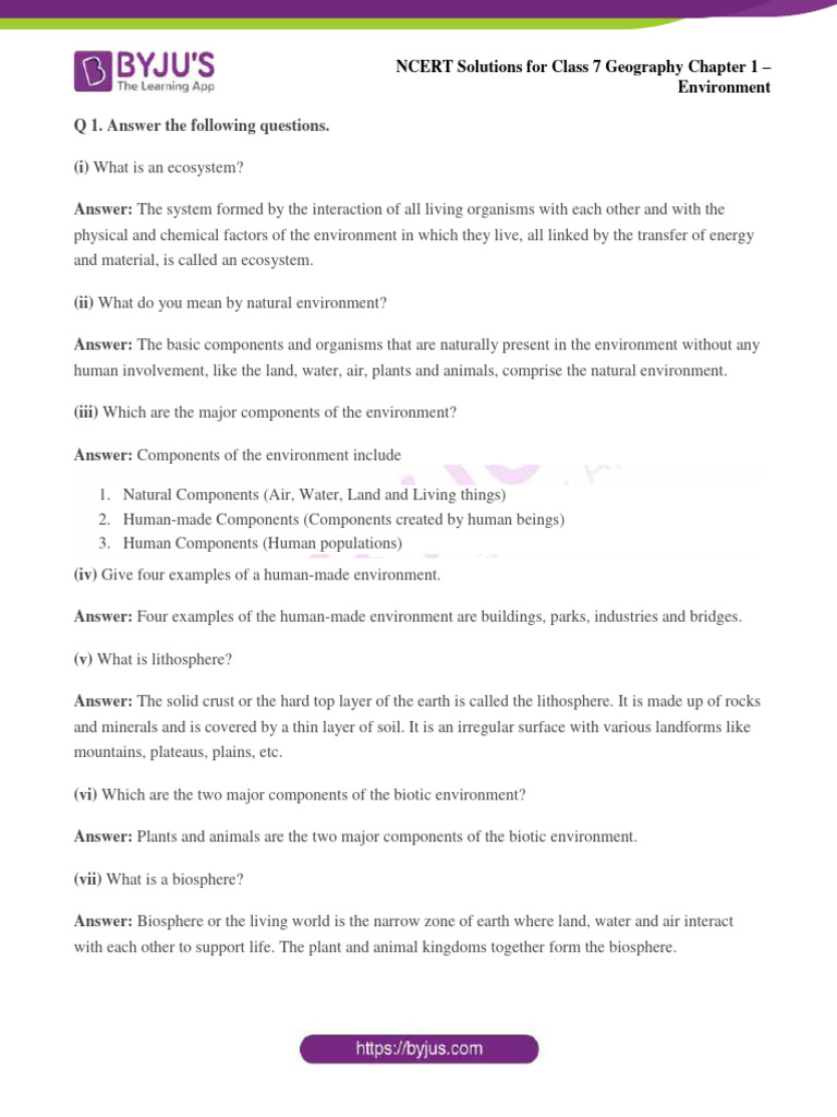 NCERT Solutions For Class 7 Geography Chapter 1 Environment | PDF ...