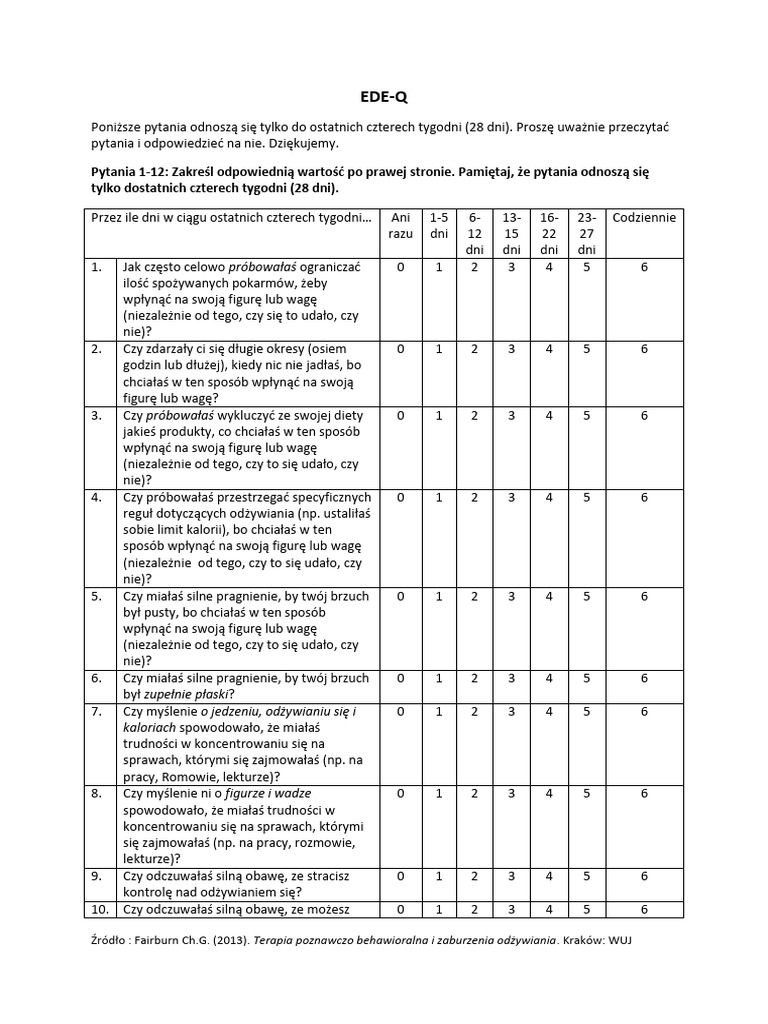 Kwestionariusz diagnostyczny EDE-Q | PDF