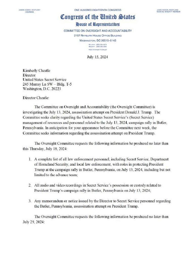 07-15-2024 - Comer Letter to Secret Service Re Trump Assassination ...