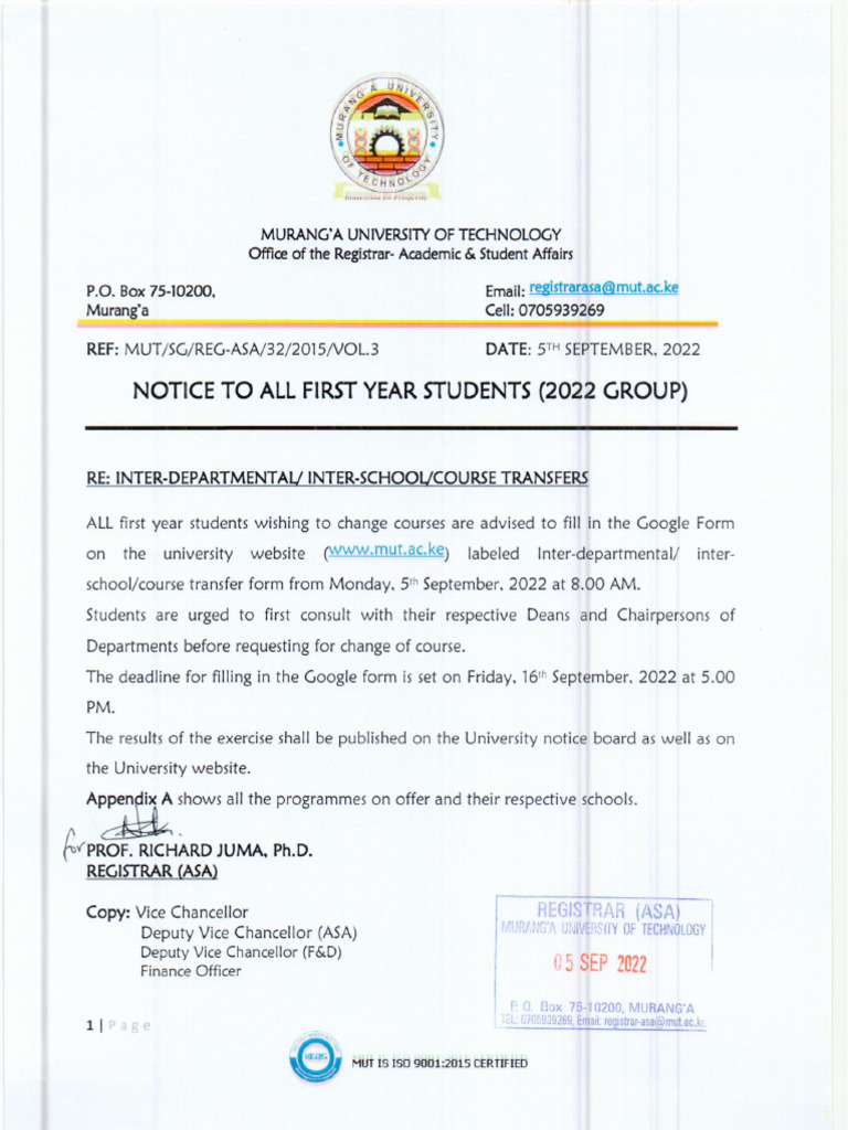 Notice To All First Year Students | PDF