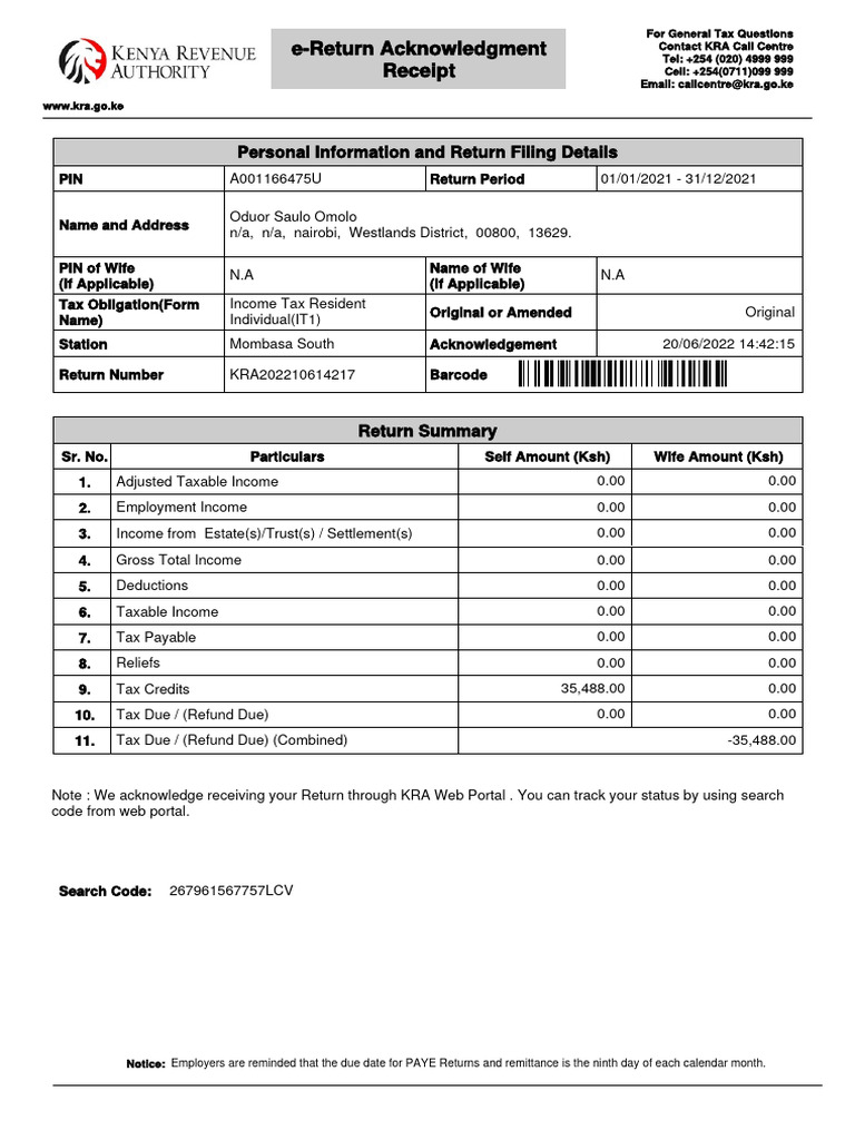 Omolo Tax Return Acknowledgement | PDF | Public Finance | Taxation