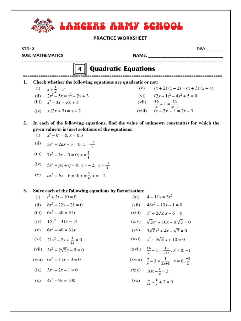 Quadratic Equations Practice Worksheet | PDF | Numbers | Mathematical ...