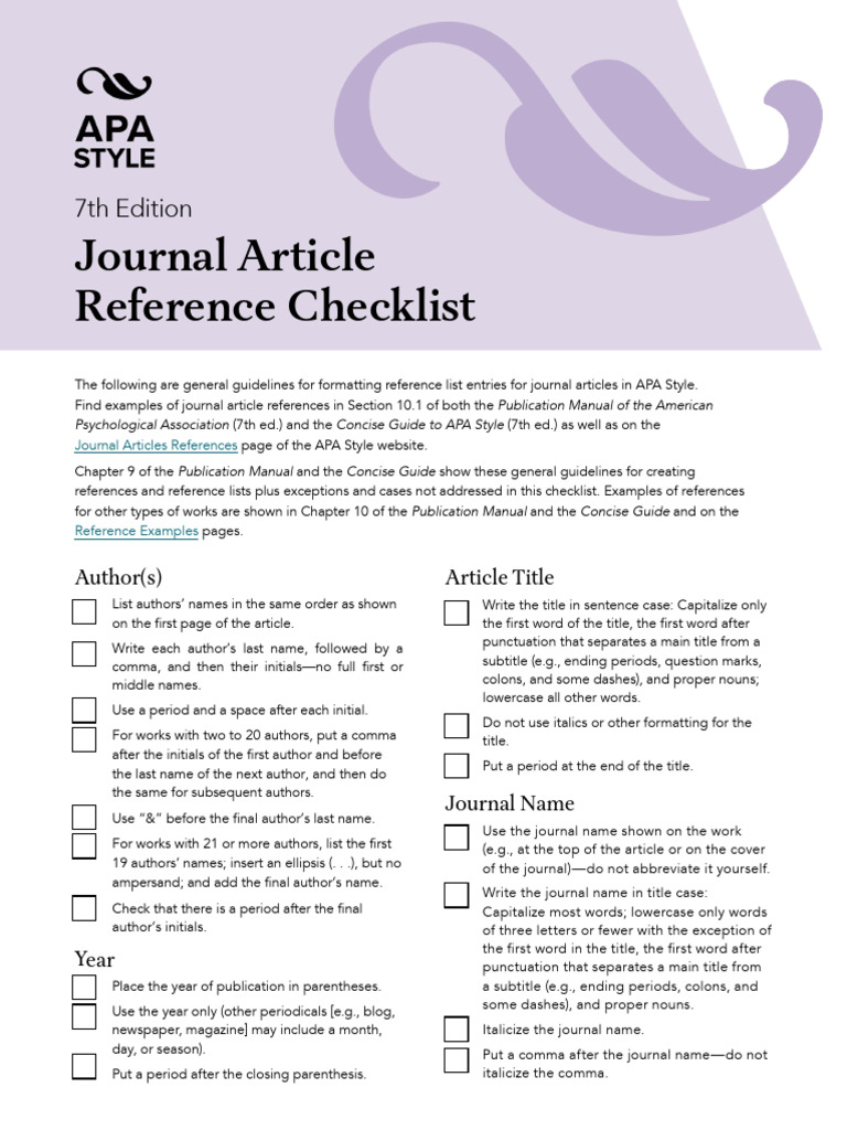Journal Article Reference Checklist (APA Style) | PDF | Apa Style | Text