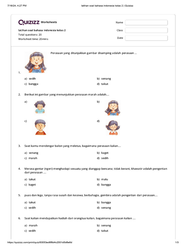 Latihan Soal Bahasa Indonesia Kelas 2 - Mengenal Perasaan | PDF