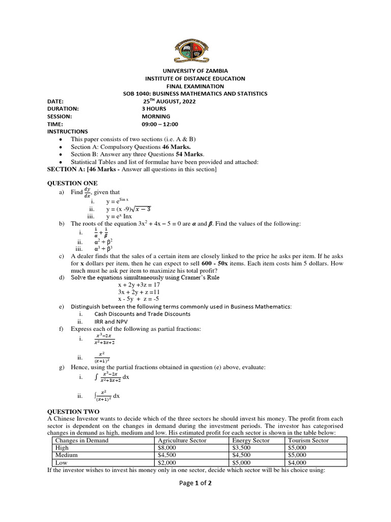 Sobo 1040-Business Mathematics and Statistics - August 2022 Final Exams | PDF | Regression ...