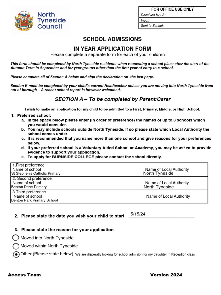 North Tyneside School Admissions Form | PDF | Adoption | Stepfamily