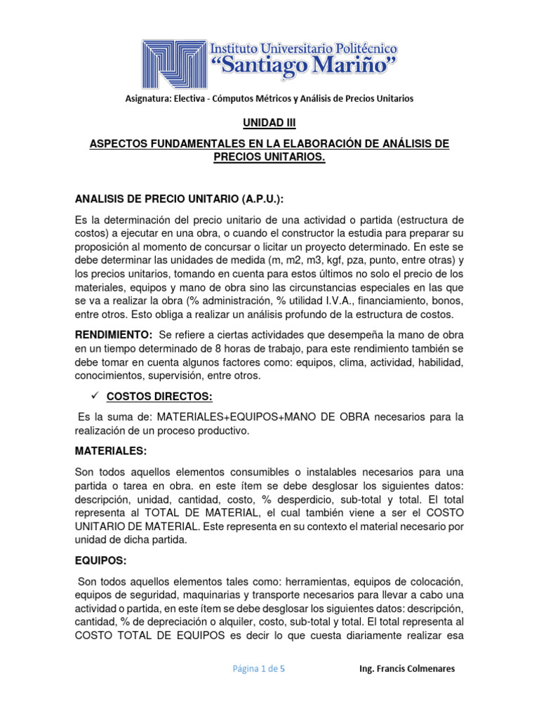 UNIDAD III Guia de APU | PDF | Costo | Salario