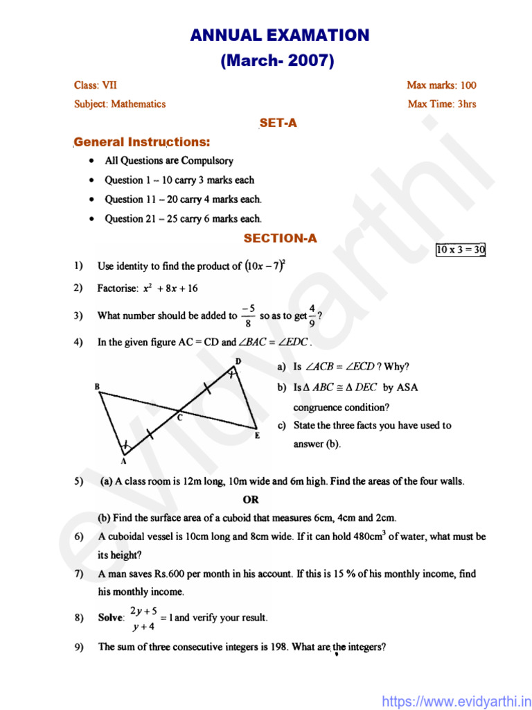 Class 7 Mathematics Set 1 | PDF | Elementary Mathematics | Mathematics