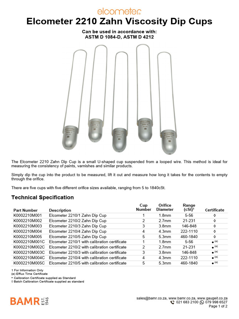 Elcometer 2210 Zahn Viscosity Dip Cups | PDF | Viscosity