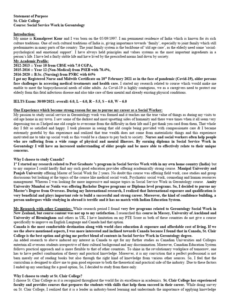 Kamlpreet Kaur Statement of Purpose | PDF | Cost Of Living | Social Work