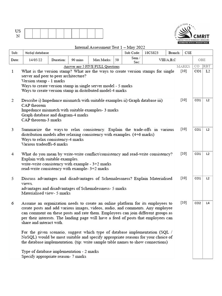 IAT-I Question Paper With Solution of 18CS823 Nosql Database May-2021-Poonam Tijare | PDF ...