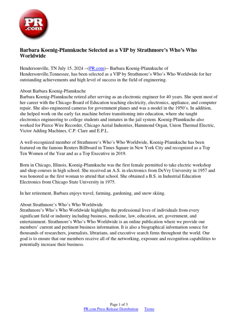 Barbara Koenig-Pfannkuche Selected As A VIP by Strathmore's Who's Who ...