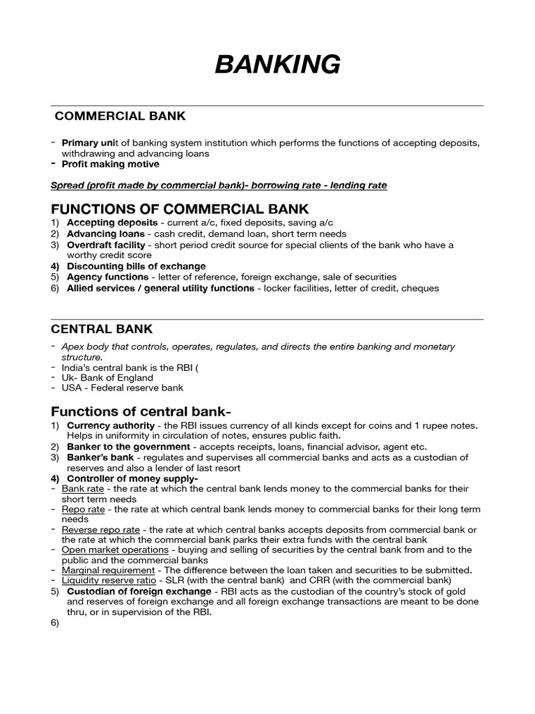Class 12 Economics Banking Notes | PDF | Banks | Reserve Bank Of India