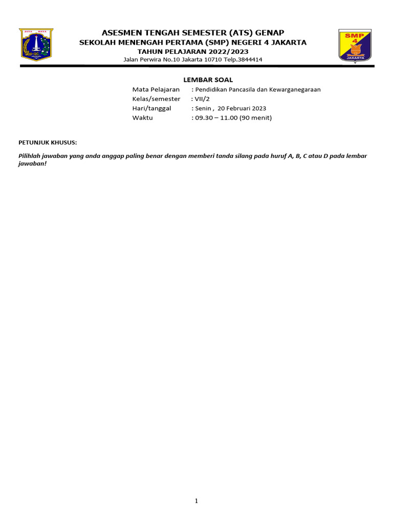 Soal Ats PPKN 7 T.P 2022-2023 | PDF