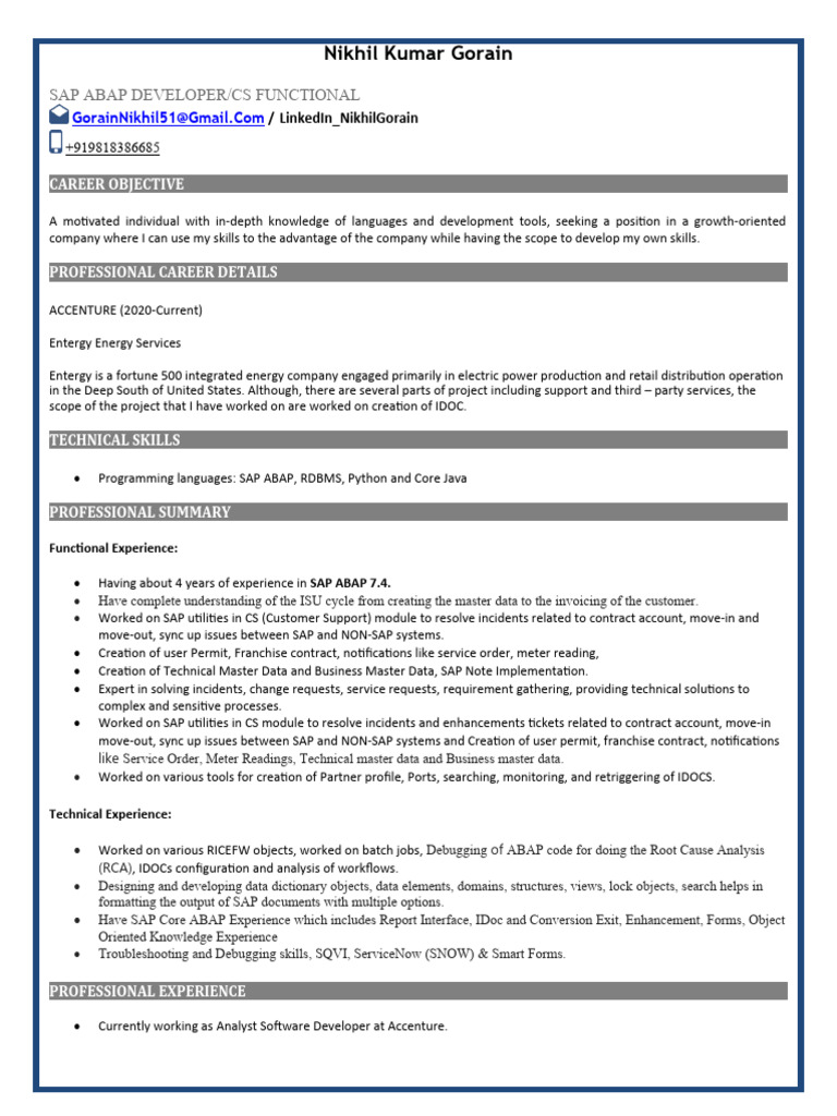 Nikhil Gorain 4 Years Experience SAP ABAP & IS-U - CS | PDF | Systems Engineering | Information ...