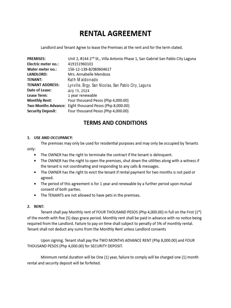 Rental Agreement: Terms and Conditions | PDF | Leasehold Estate | Lease