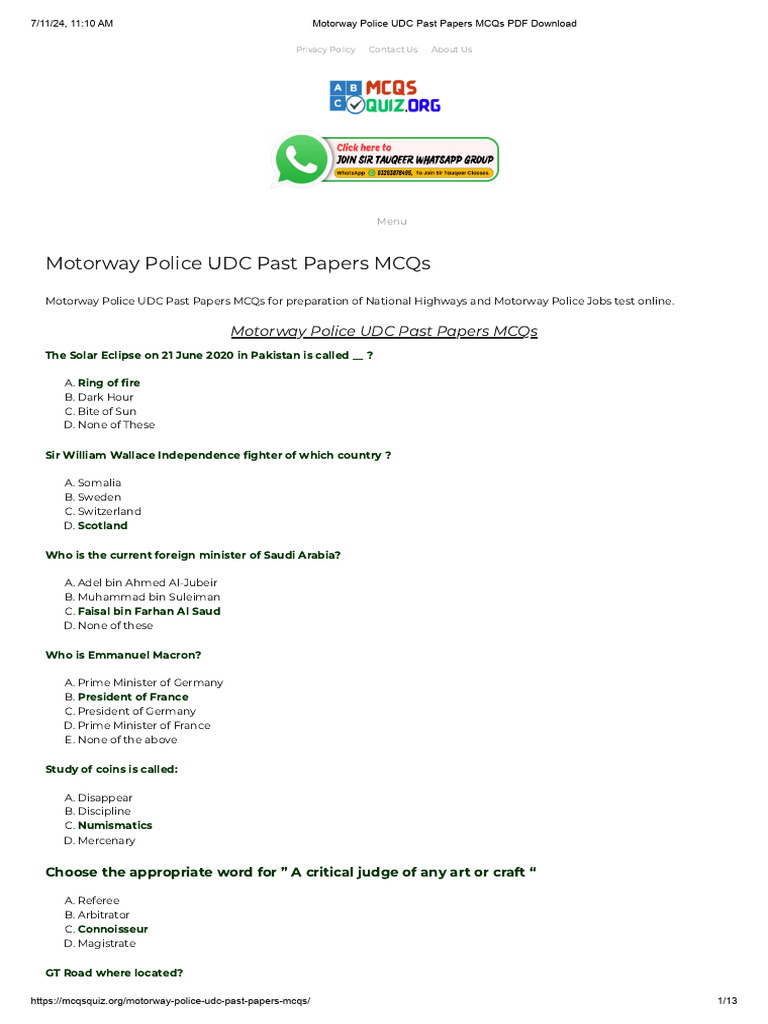 Motorway Police UDC Past Papers MCQs | PDF | Pakistan | Ali