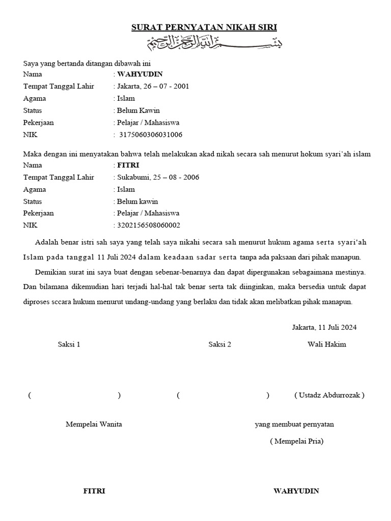 Surat Pernyataan Nikah Siri | PDF