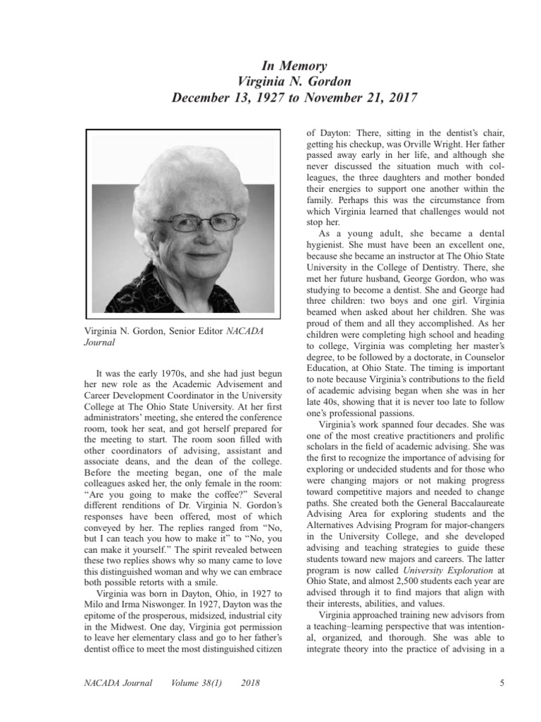 Remembering Virginia N. Gordon | PDF | Knowledge | Methodology