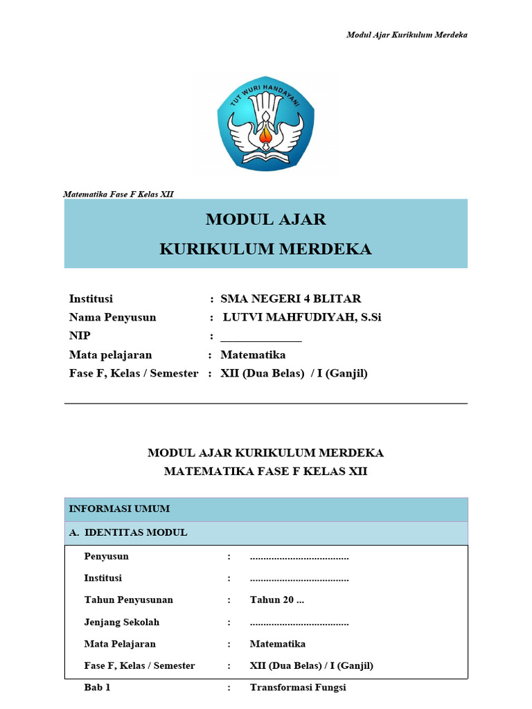 Modul Ajar Bab 1 Transformasi Fungsi KELAS XII | PDF