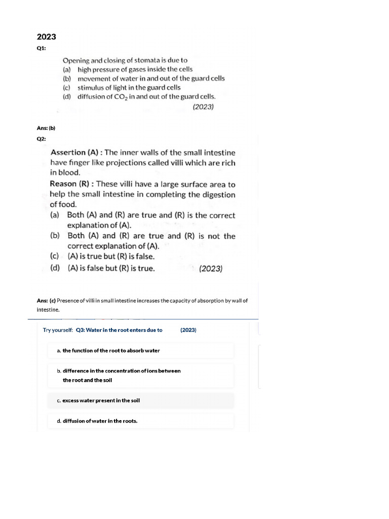 Life Process Class 10 (5year Questions) | PDF